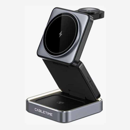 Беспроводное зарядное устройство Cabletime CE12B 3 in 1 для Apple iphone, серебристо-чёрный