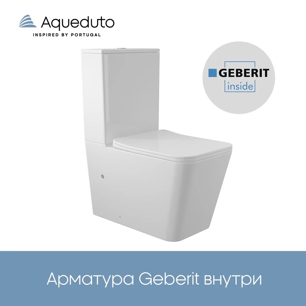 Унитаз-компакт напольный Aqueduto Macio AQDSMAC10 с микролифтом, безободковый, антивсплеск, фаянсовый, белый, глянцевый, прямоугольный, с нижним подводом, сиденье для унитаза в комплекте