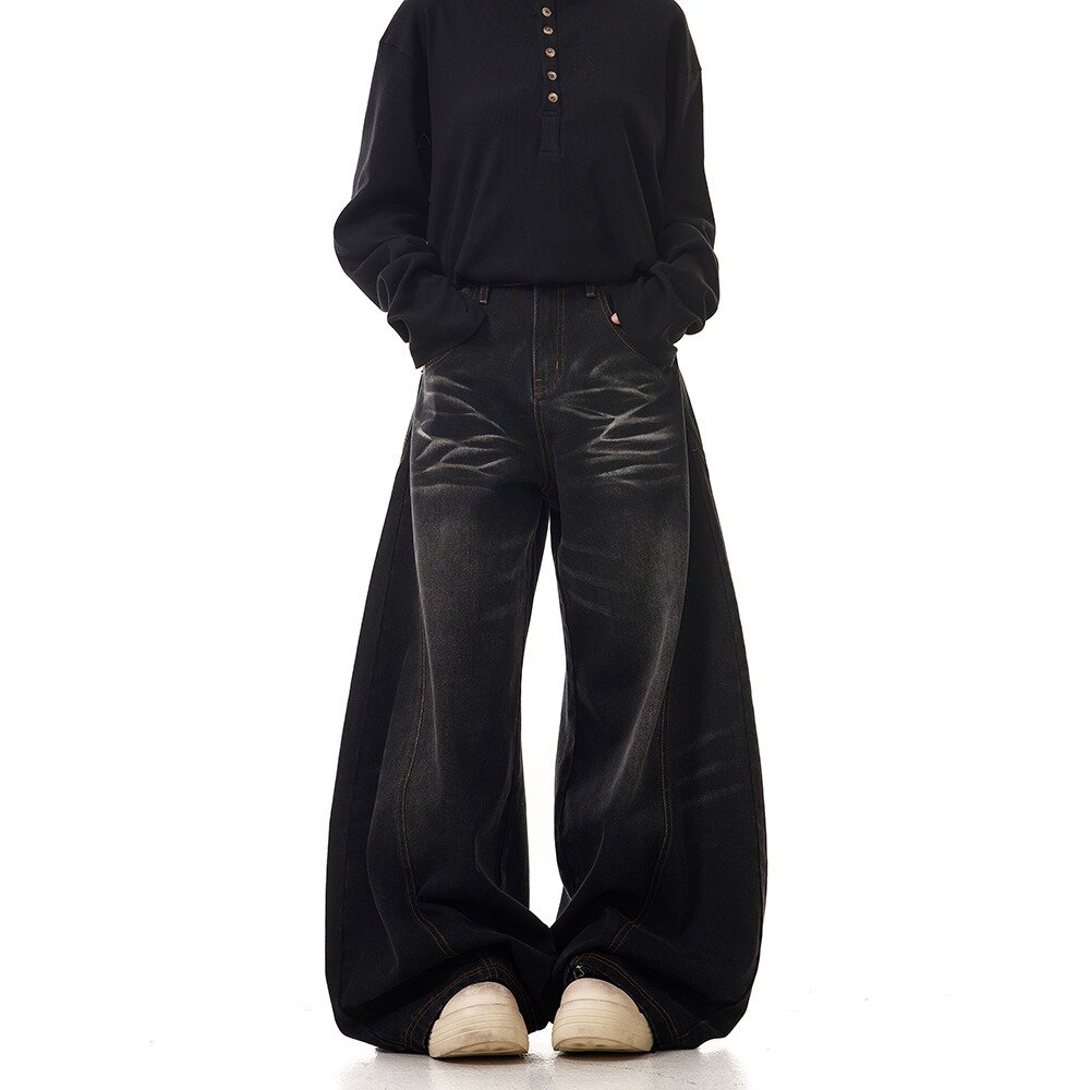 JYL Джинсы Мужские Винтажные Серые Кляксы Рваные Прямые Широкие Ноги Деним, Размер_XL