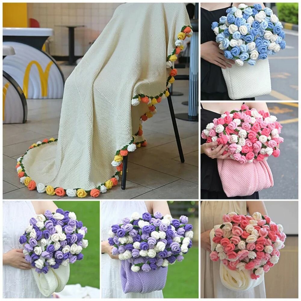 Плед ручной работы, связанный крючком, с цветами, букетом роз, плед для дивана, вязаный плед с тюльпанами, готовый плед, рождественский подарок, Manta de rosas.