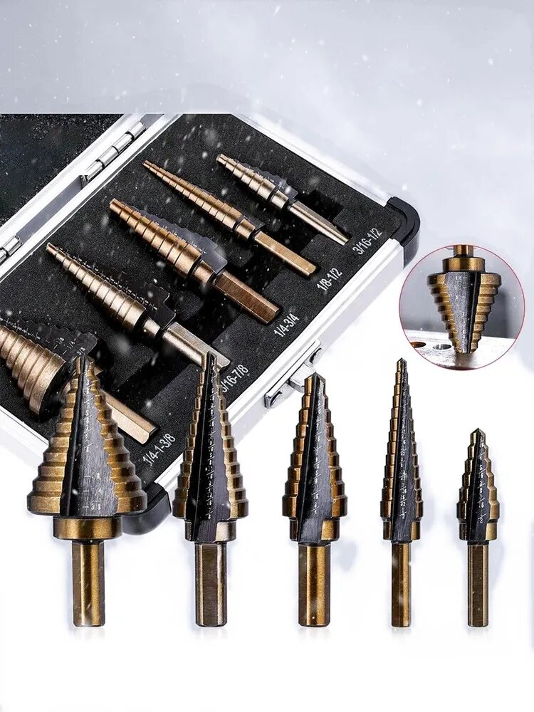 Набор ступенчатых сверл по металлу с титановым покрытием в кейсе 5шт (6-35, 5-22, 6-19, 5-13, 3-12мм)/сверло ступенчатое по металлу/трехгранный хвостовик