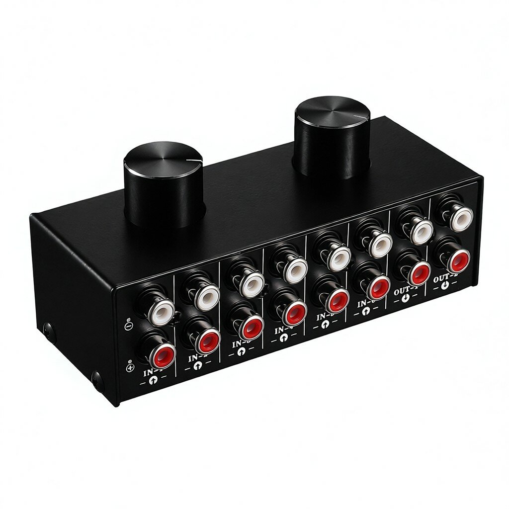Аудио-коммутатор 6-входов-2-выходов, двухпольный селектор аудиосигнала, сплиттер, дистрибьютор с входами и выходами , металл, черный, вес 260 г, размер 12.2*5*3.8 см, тип 6 inputs 2 outputs & ports