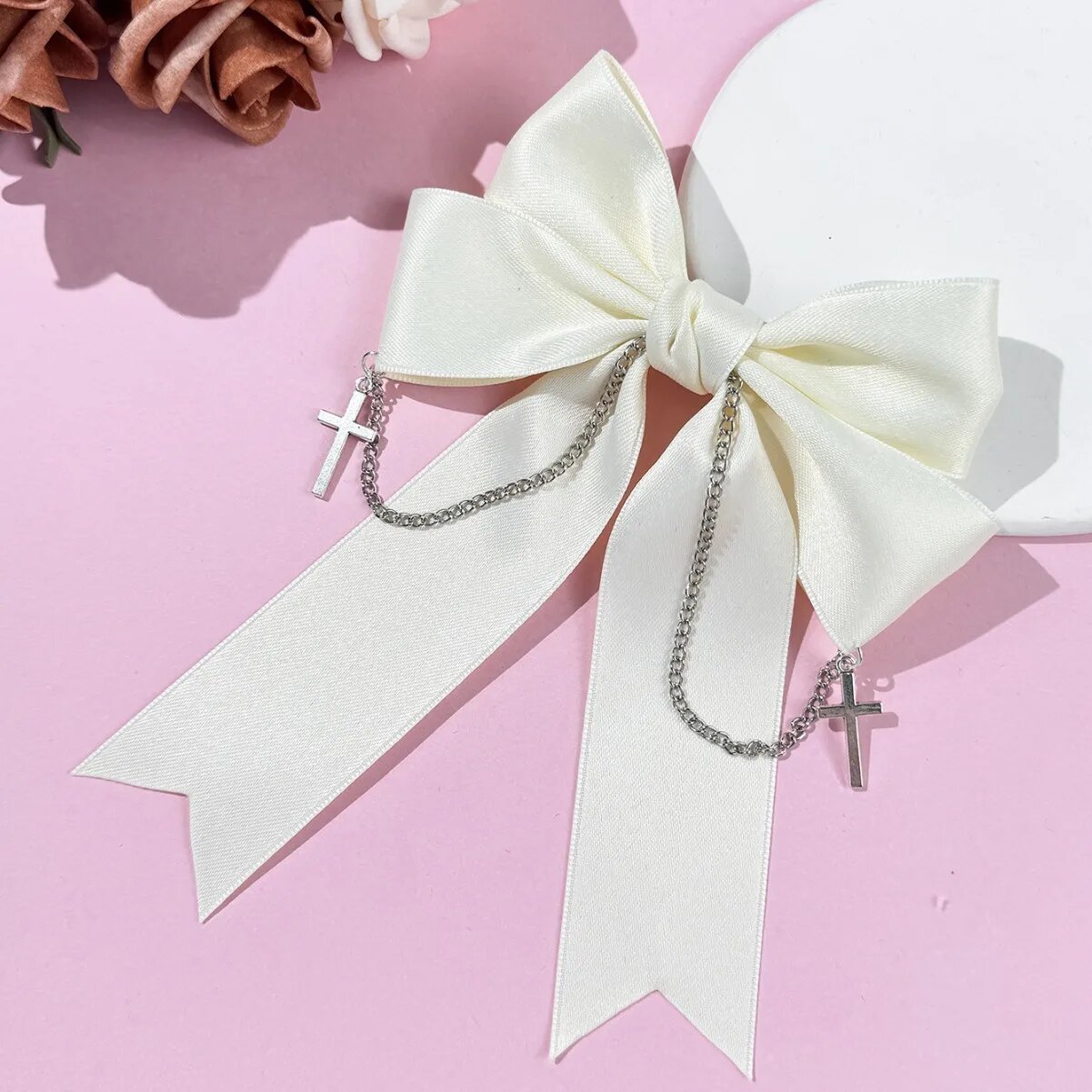 Корейская панк заколка для волос с бантом Белый, Beige