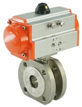 Кран шаровой DN.ru КШмФП.316.200 Ду25 Ру16 полнопроходной двухходовой, нержавеющая сталь 316, межфланцевый, уплотнение - PTFE, с пневмоприводом DN. ru SA-065 с возвратными пружинами