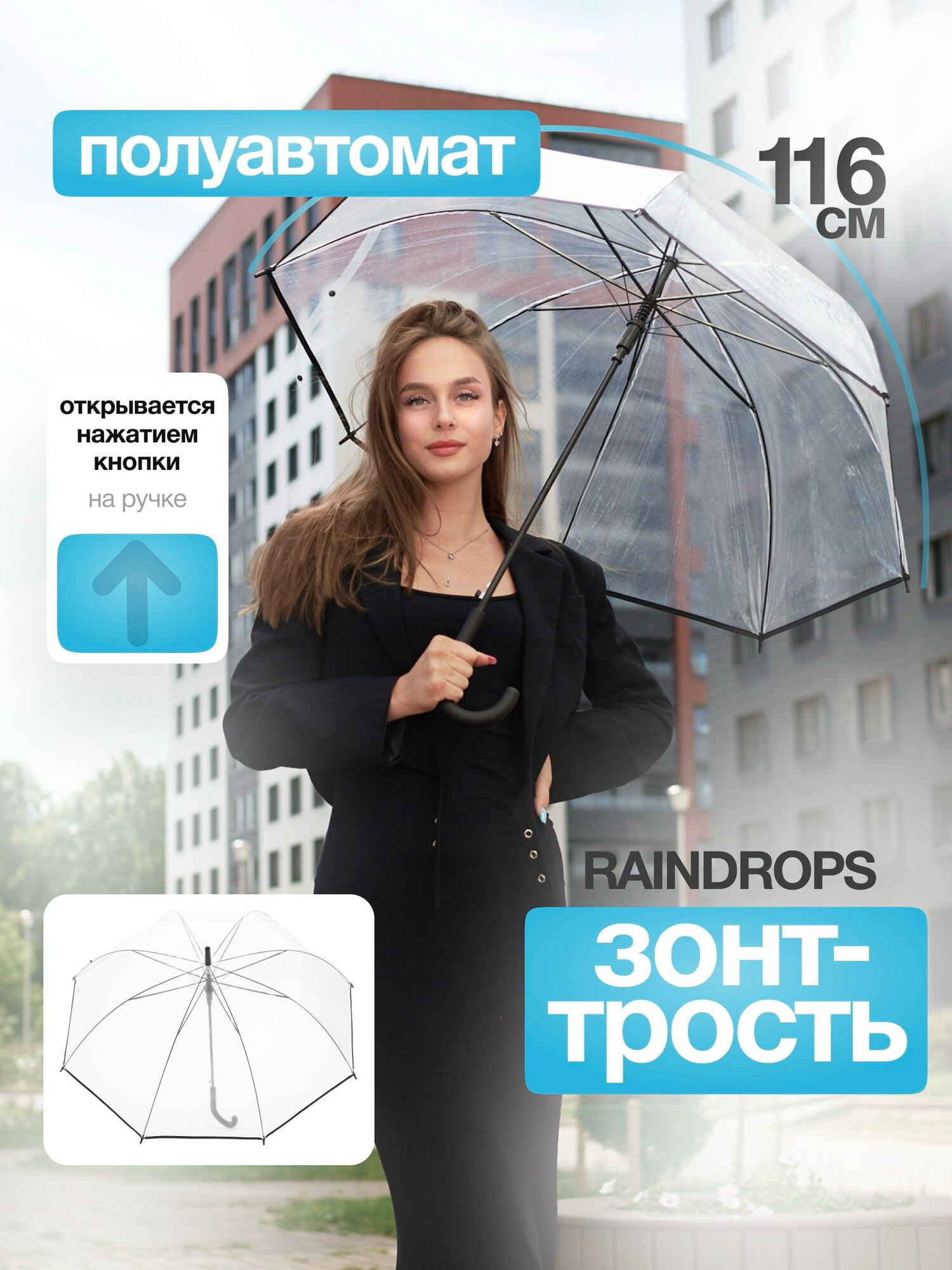 Зонт-трость RAINDROPS, прозрачный
