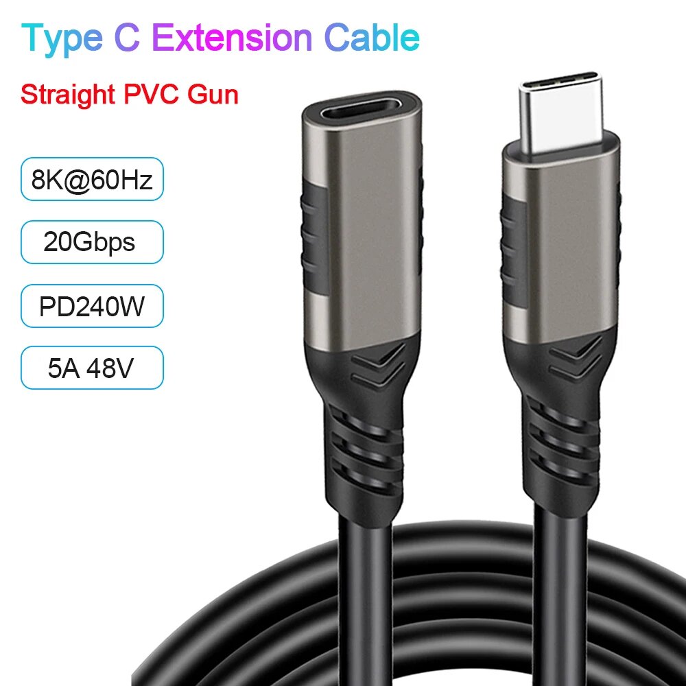 USB C удлинитель 1m, 20 Гбит/с, 8K@60Hz, PD240W, PVC