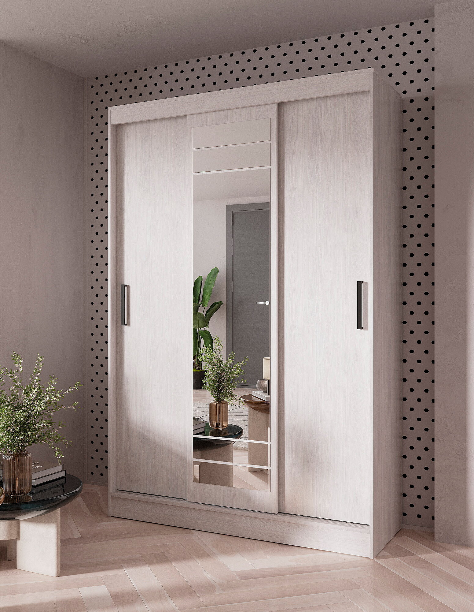 Шкаф-Купе Тео 131см, крафт/белый, с зеркалом трехстворчатый для одежды