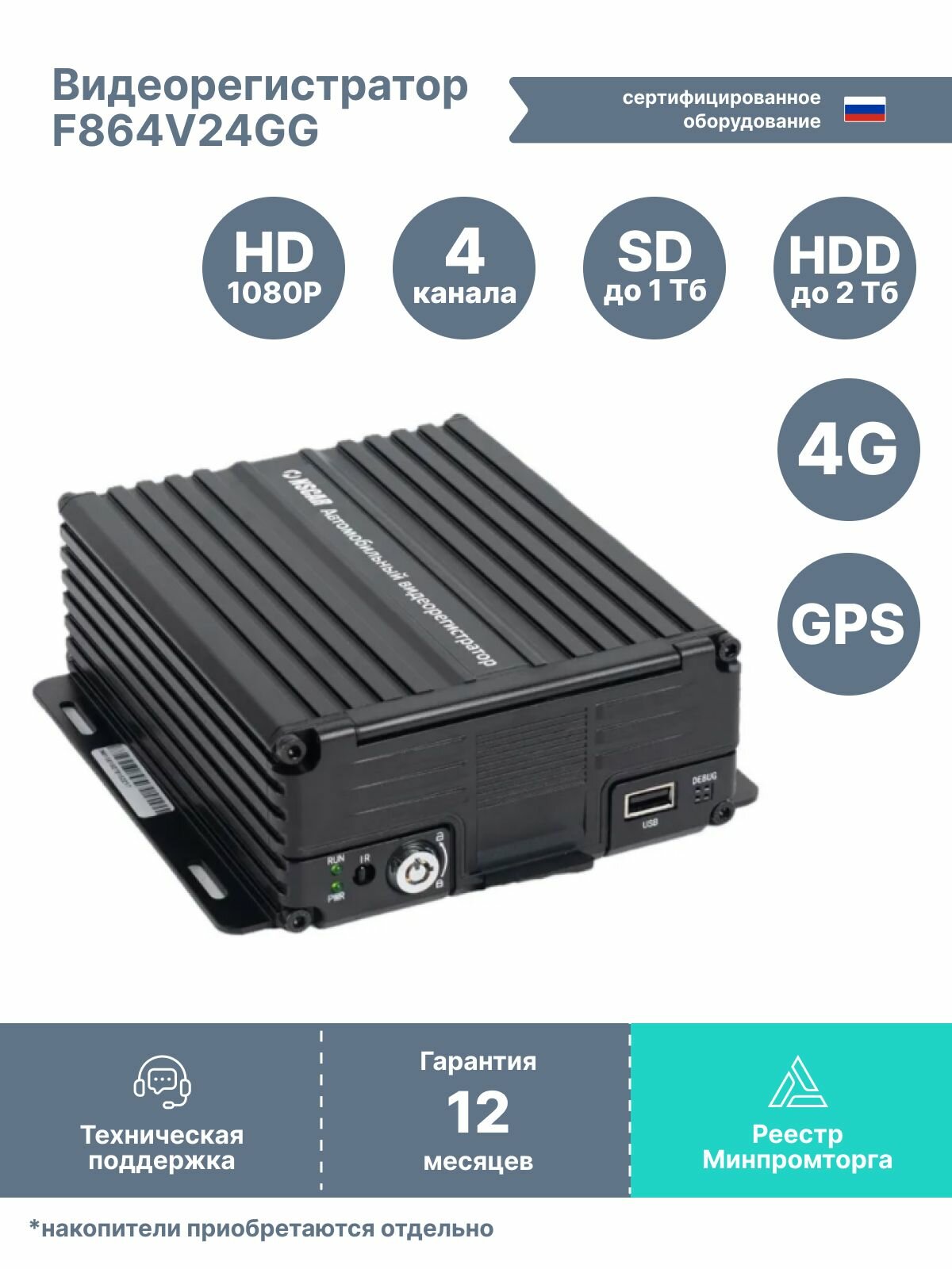 Видеонаблюдение 969 для автобусов и маршрутных такси NSCAR на 4 камеры с HDD (видеорегистратор 4G+GPS)