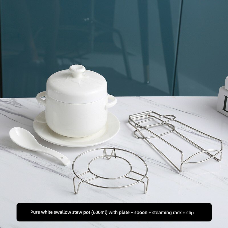 Керамическая белая кастрюля с двойной крышкой, 600 мл, включает тарелку, ложку, паровой лоток и держатель
