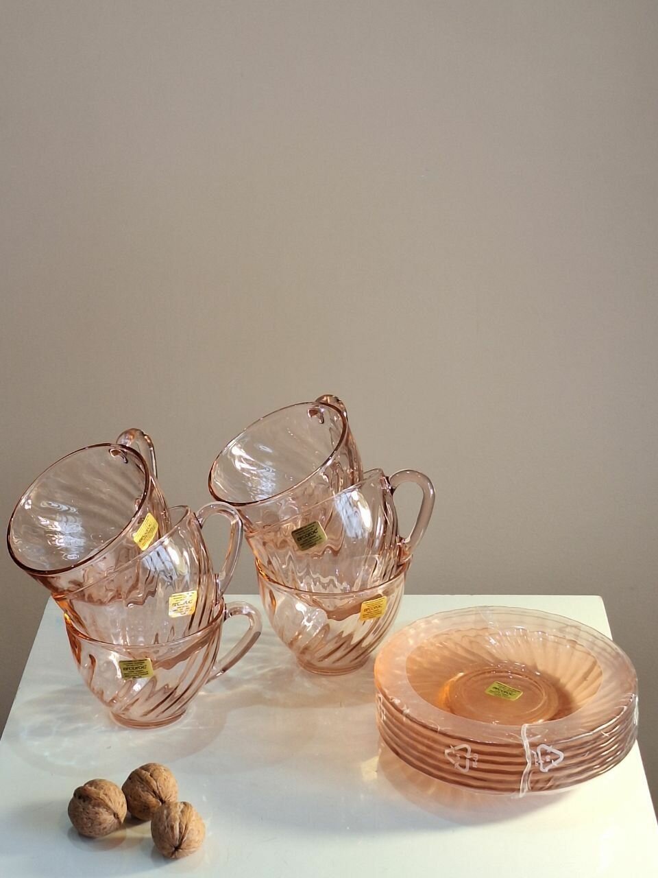 Чашки с блюдцами Rosaline винтажные розовые Arcoroc 6 пар. 1994 год. Франция