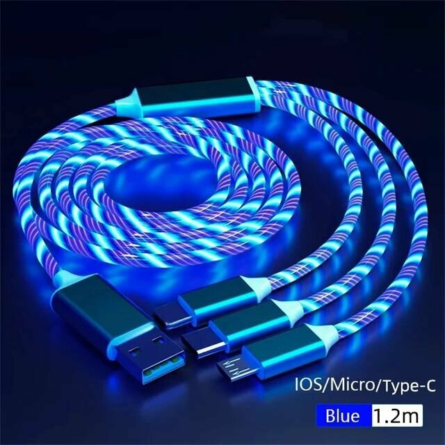 Зарядный кабель светящийся 3 в 1, Зарядный кабель с подсветкой и 3 разъемами MicroUSB, Type-C, Lightning, 120см, Синий
