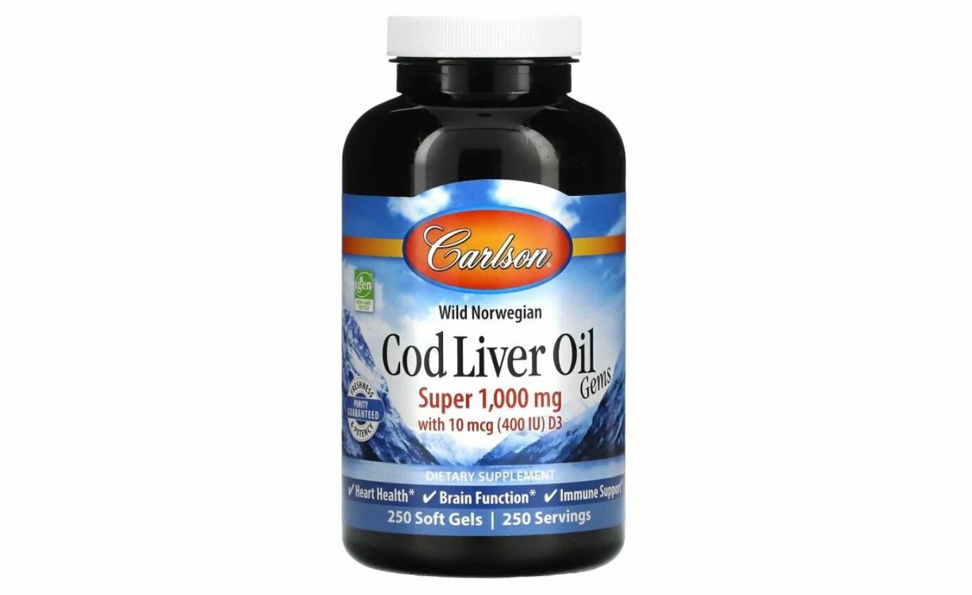 Carlson Labs Wild Norwegian Cod Liver Oil Gems | 250 капсул | Омега-3 ЭПК и ДГК | Витамины А и D3