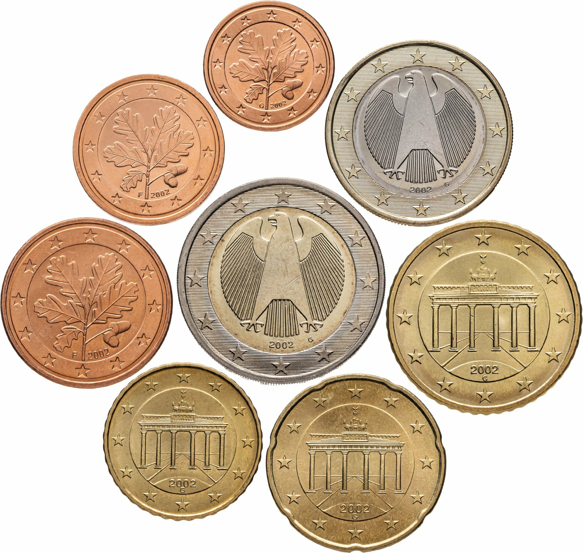 Германия полный годовой набор 2002, разные дворы 8 монет, Биметалл, в сохранности UNC