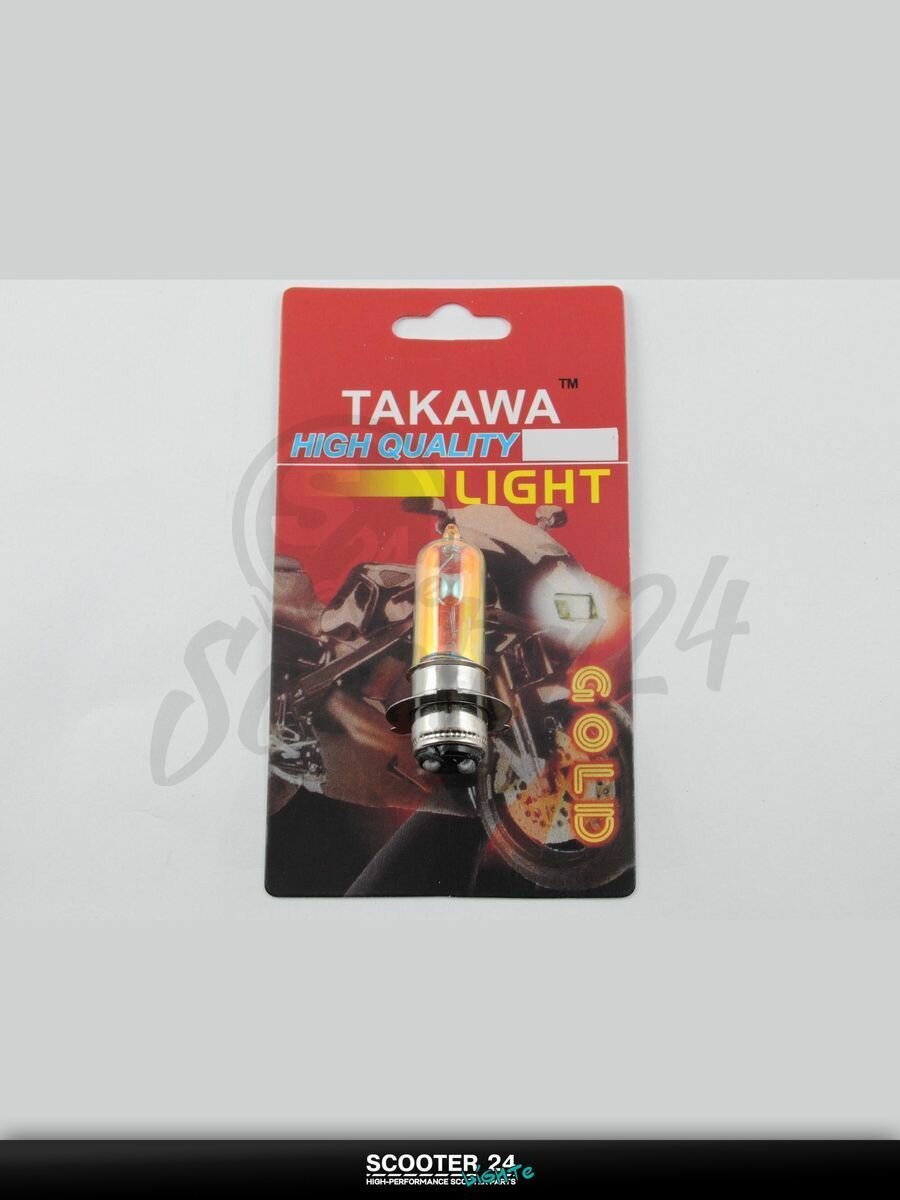 Лампа фары P15D-25-3 (3 уса) 12V 18W/18W для мототехники универсальная (хамелеон розовый) (блистер) "TAKAWA" (mod: A)