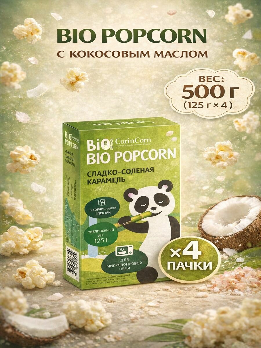 Попкорн микроволновый СВЧ Сладко-соленая карамель 4 пачки х 125 г CorinCorn Bio