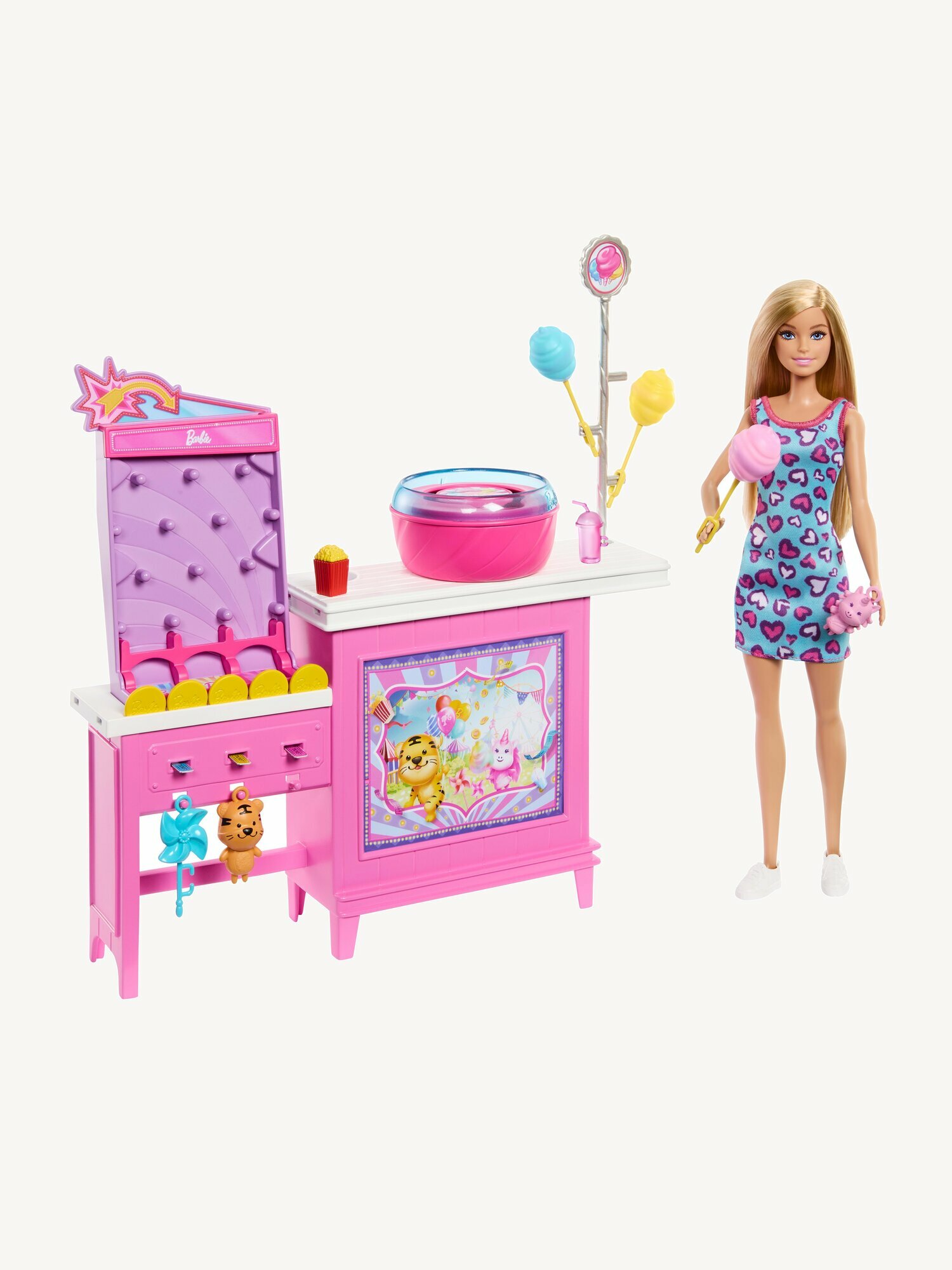 Кукла Mattel Barbie Малибу с будкой сахарной ваты и аксессуарами JFV67, розовый/голубой