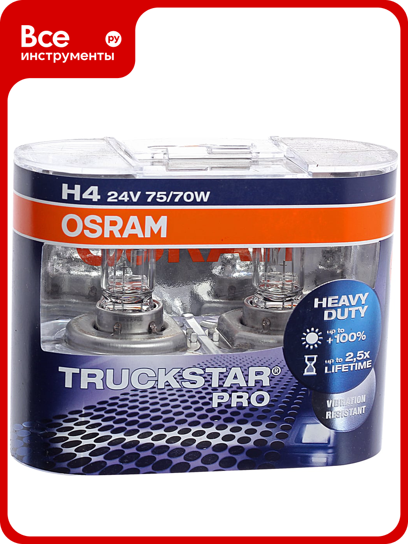 Автолампа Osram H4 75,70 P43t-38 +100 TRUCKSTAR PRO, 2шт 24V ,1,10 64196TSP-HCB