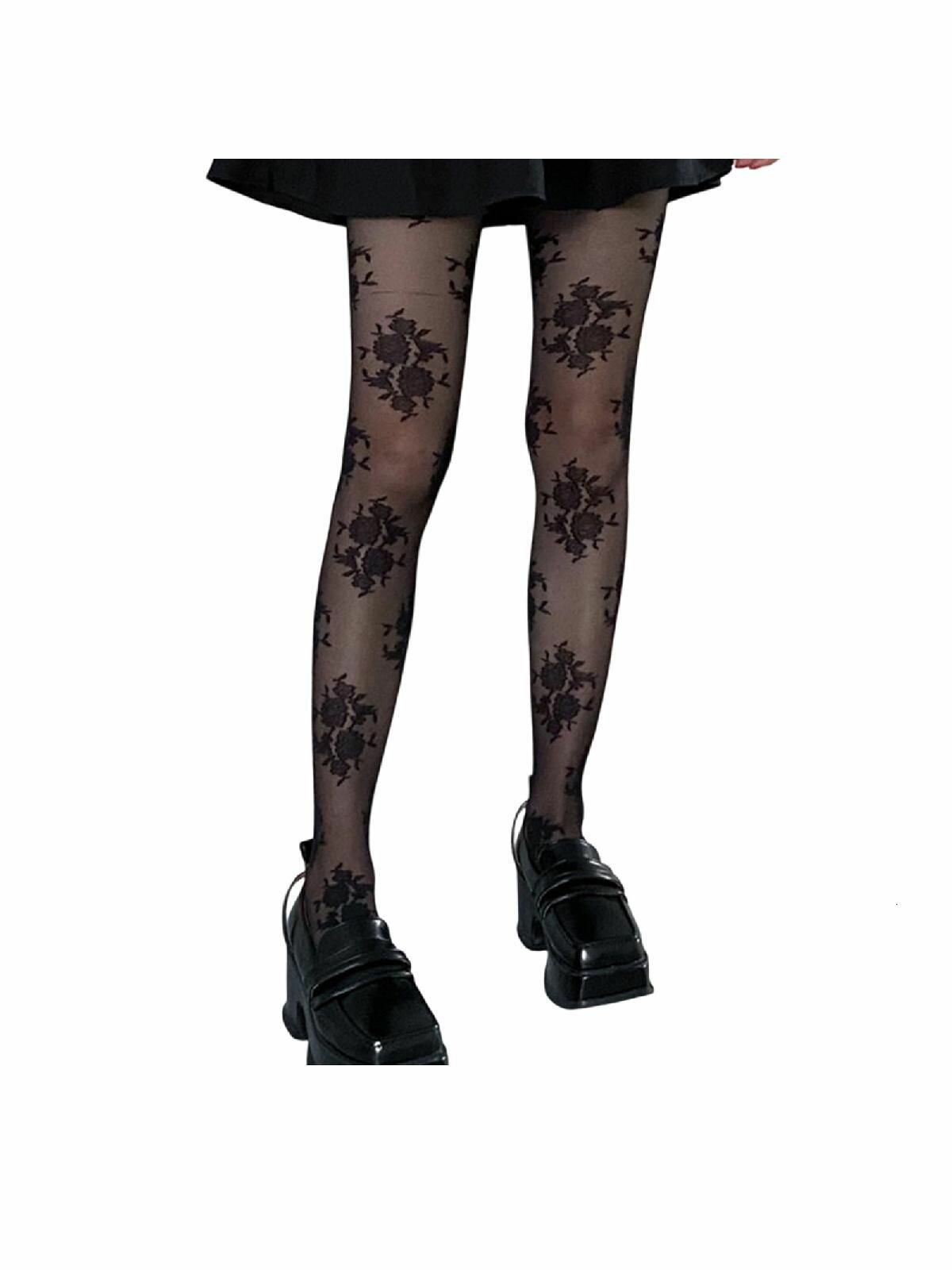 Жаккардовые нейлоновые колготки с цветочным узором, Черный