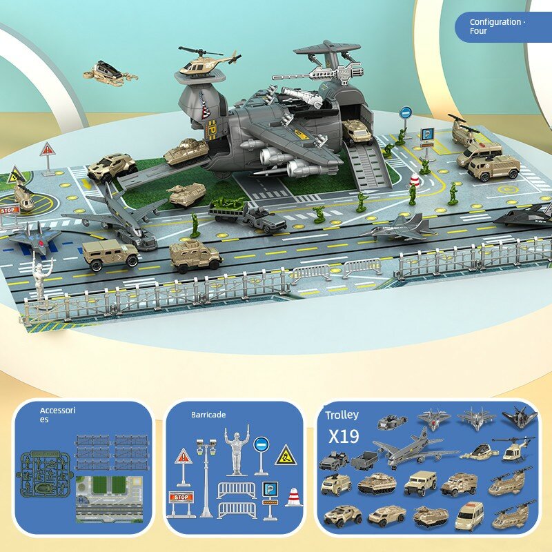 Модель военного транспортного самолета с 11 транспортными средствами, 8 самолетами, картой и препятствиями, полный