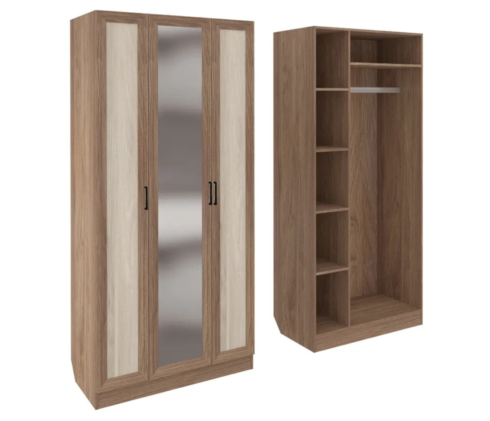 Шкаф распашной, гардероб, шкаф для одежды с зеркалом ШК-3 М 100/210/52 Шимо темный/Шимо светлый