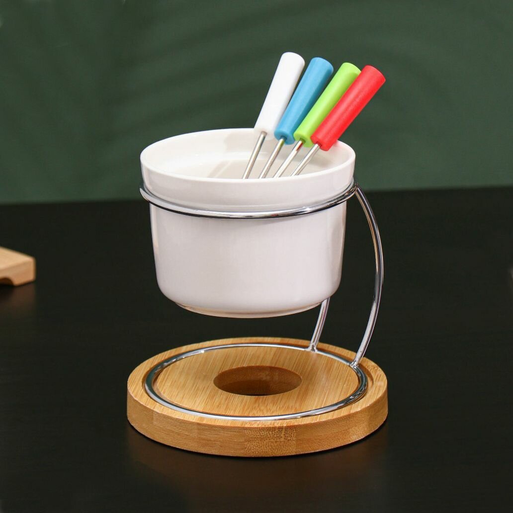 Набор для фондю Венера, 5 предметов: чаша 250 мл, подставка, 4 шпажки, белая, фондюшница для сыра и шоколада на 4 персоны керамический