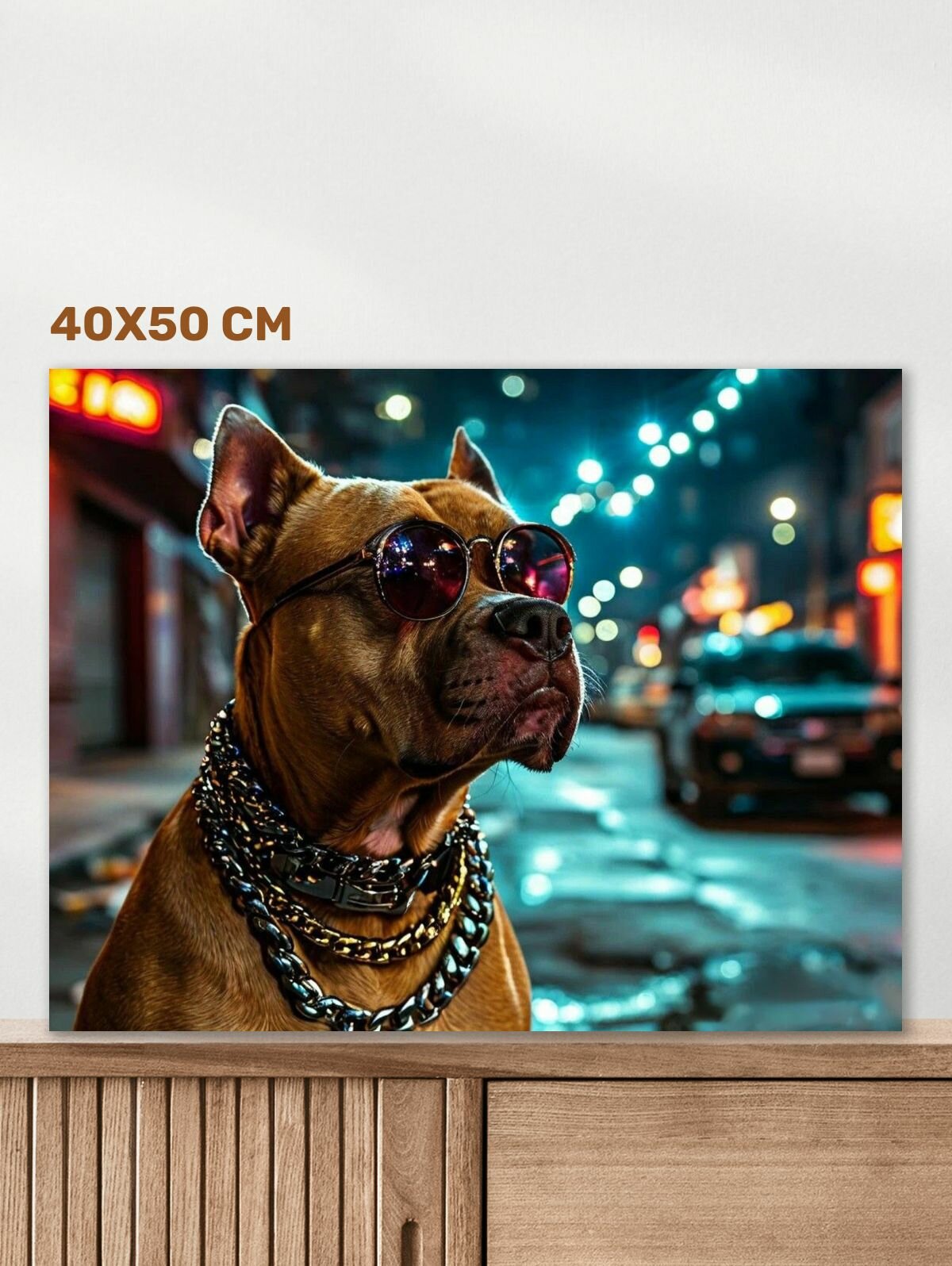 Картина интерьерная на стену, яркая 40х50, стаффорд, питбуль в темных очках