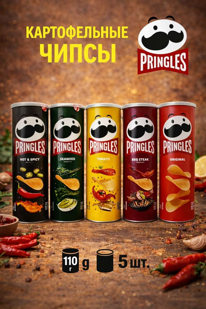 Чипсы картофельные Pringles Mix Принглс Ассорти: Оригинальный вкус, Томат, Острый картофель, Морская капуста, Стейк Барбекю, 5 шт * 110 г, Китай