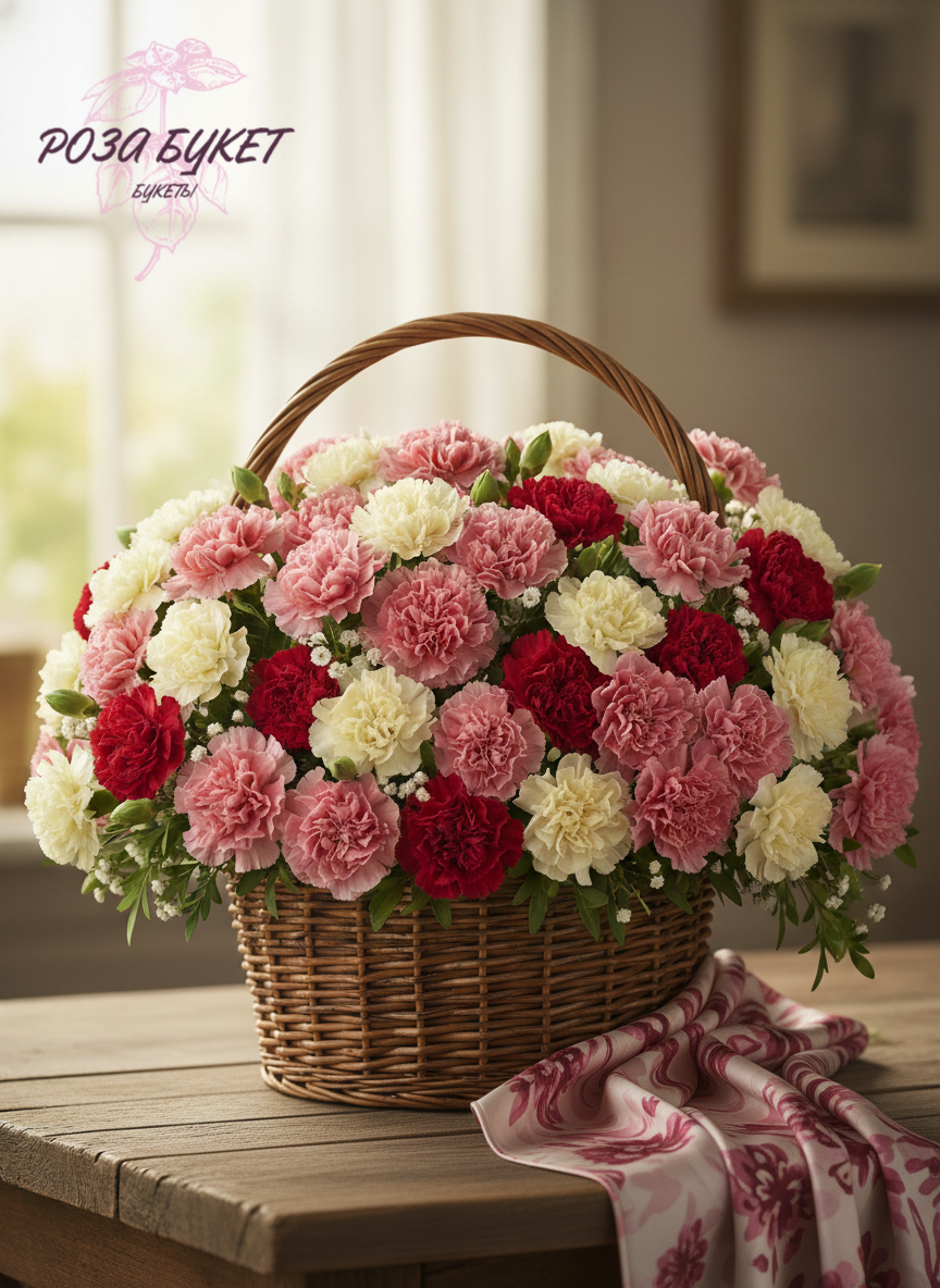 Букет цветов, букет из разноцветных гвоздик 101 в плетеной коричневой корзине, премиум цветы, долгий букет