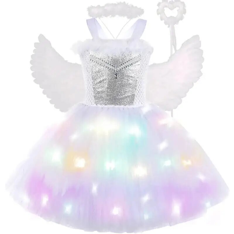 Белый костюм ангела с подсветкой для девочки 5T, Dress Wings Set