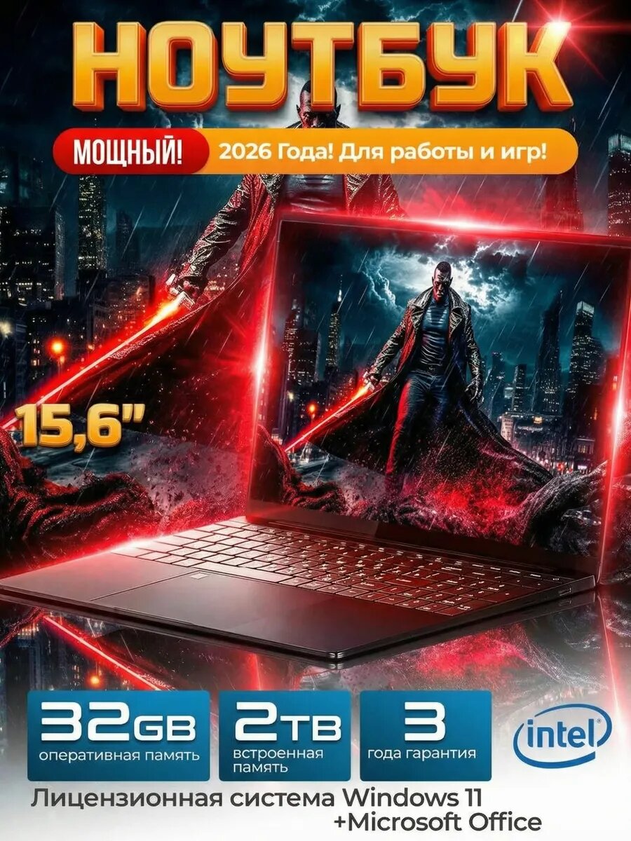 Ноутбук игровой 2026 N-Series, RAM 32GB, SSD 2048GB, IPS + Windows