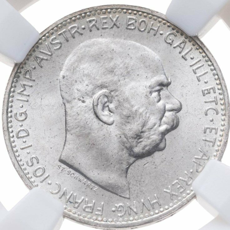 Австро-Венгрия 1 крона corona 1914 для Австрии, в слабе ННР MS65, Серебро 835
