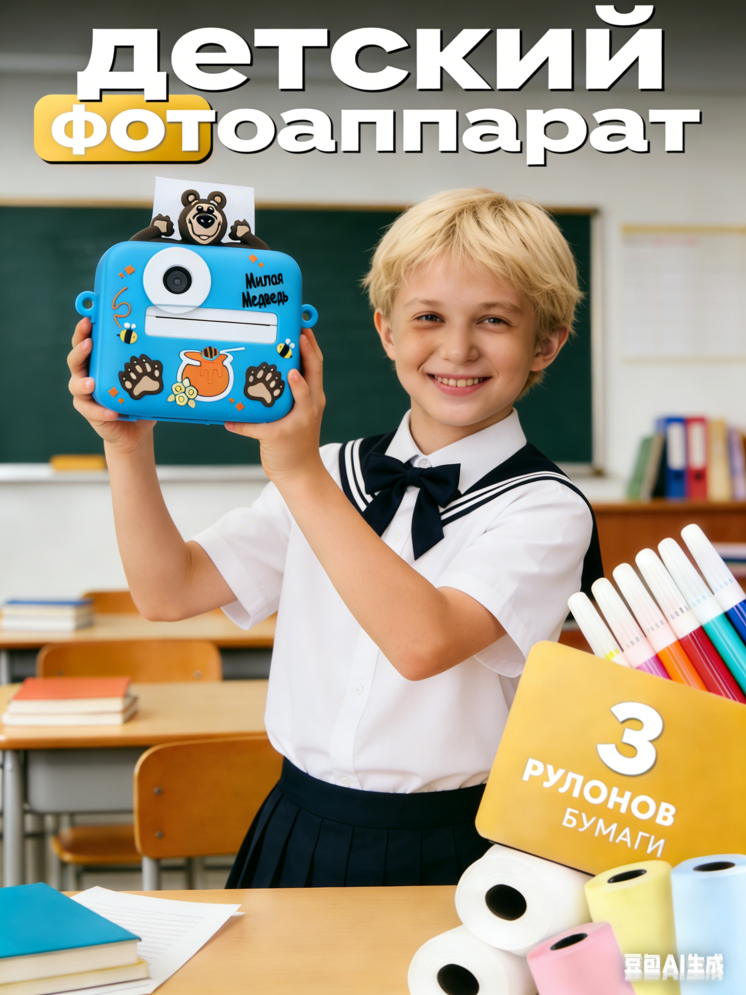 Детский фотоаппарат моментальной печати, встроенные игры, MP3 плеер, печать фото с телефона, голубой