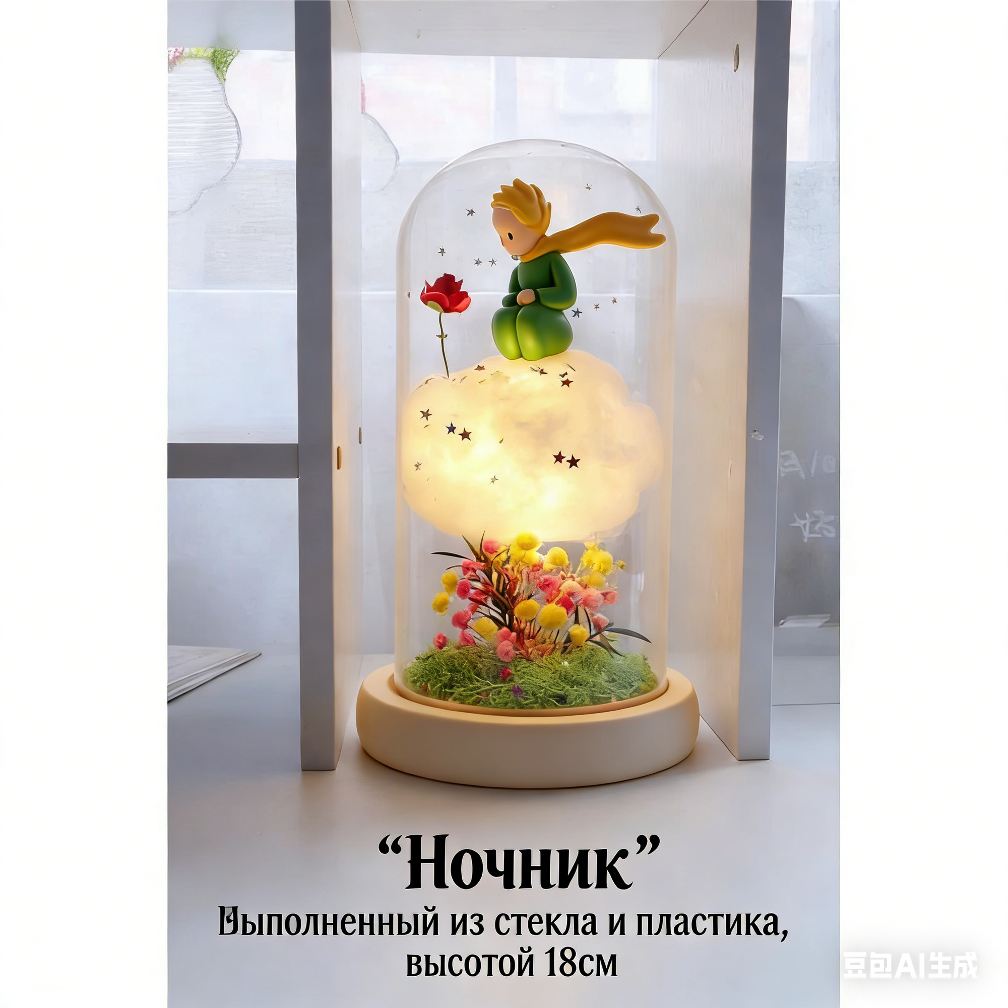Ночник “Маленький принц”, выполненный из стекла и пластика, высотой 18см, красивый и практичный