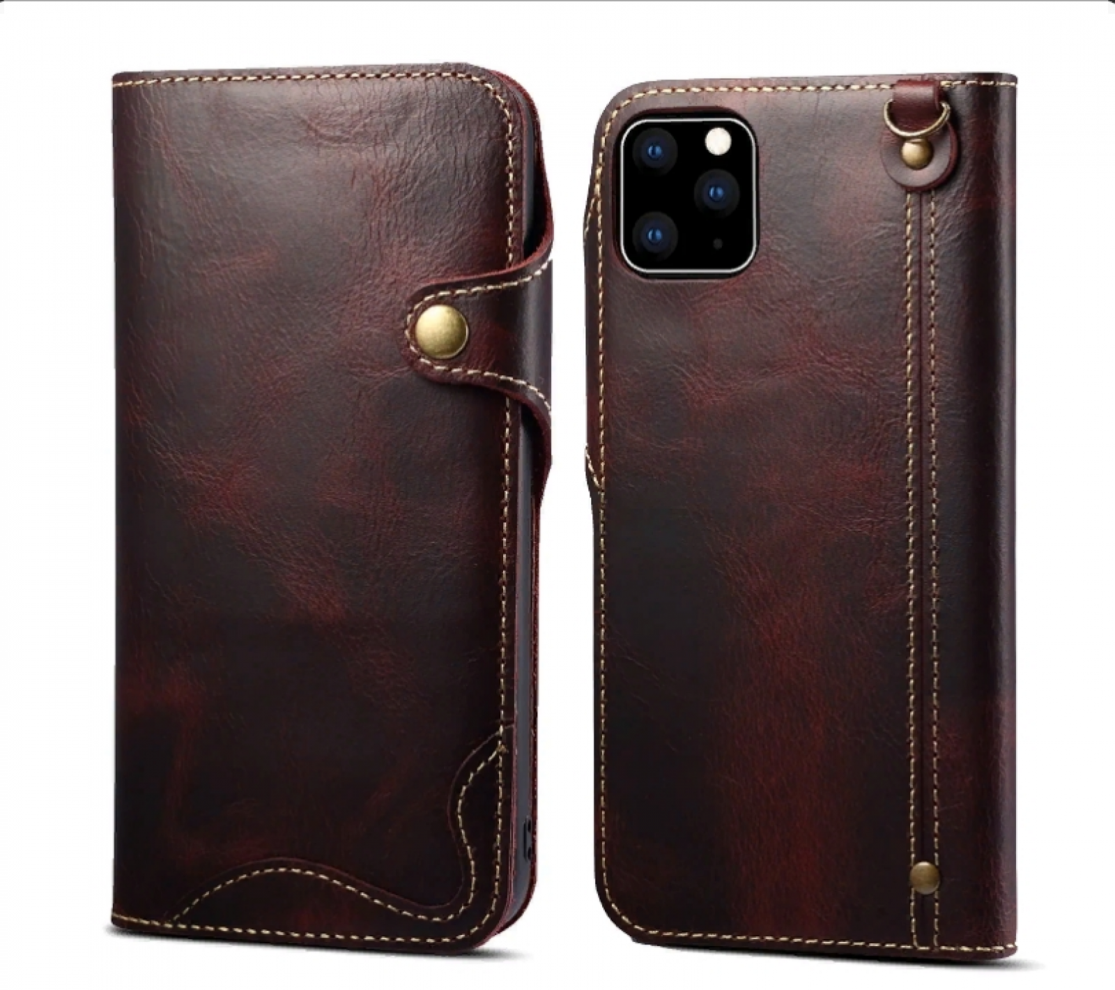 Чехол-книжка MyPads Premium для iPhone 12 из натуральной кожи с визитницей, магнитной застежкой, красное вино