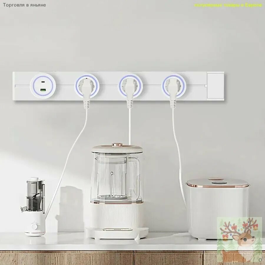 Трековые розетки; Трековая система накладная металлическая шина 60см + 3 EU розетки+2 USB белый