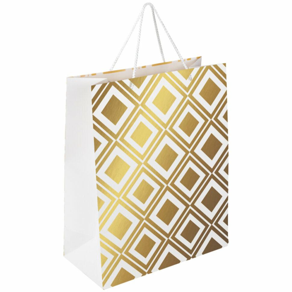 Пакет подарочный (1 штука) 26x13x32 см, золотая сказка "Gold Luxury", тиснение фольгой, белый, 608249, 12 штук, 608249