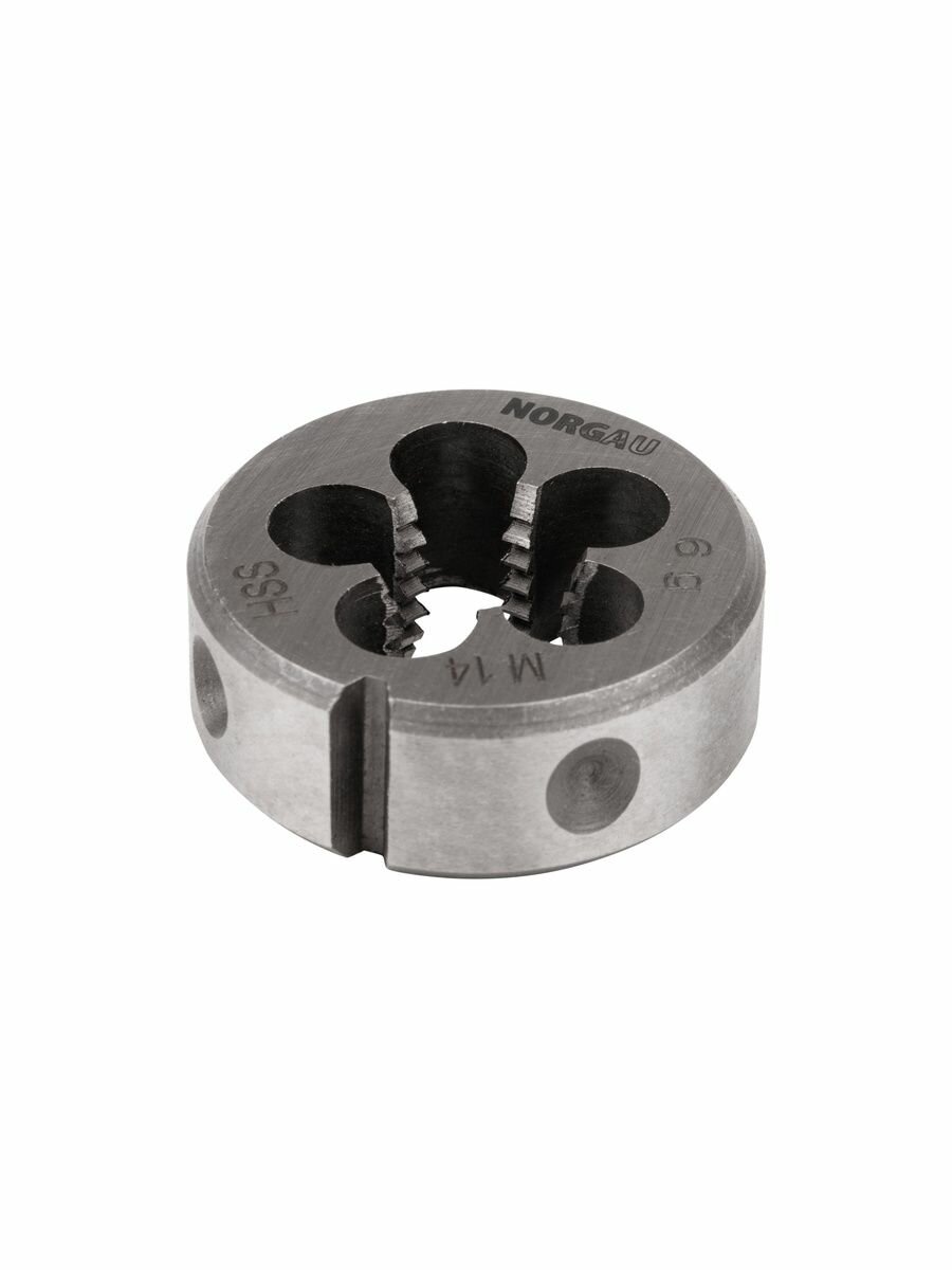 Плашка М14х2 мм с поднутрением NORGAU Industrial метрическая, для нарезания резьбы с крупным углом профиля 60, по DIN223, HSS, диаметр 38 мм