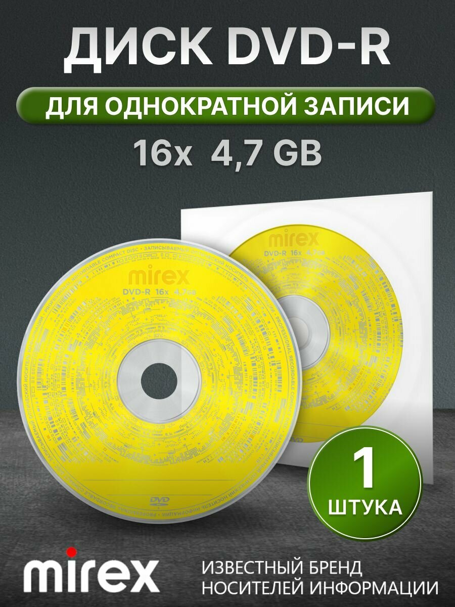 Диски для записи DVD-R Mirex 4,7GB 16X 1 шт. в конверте