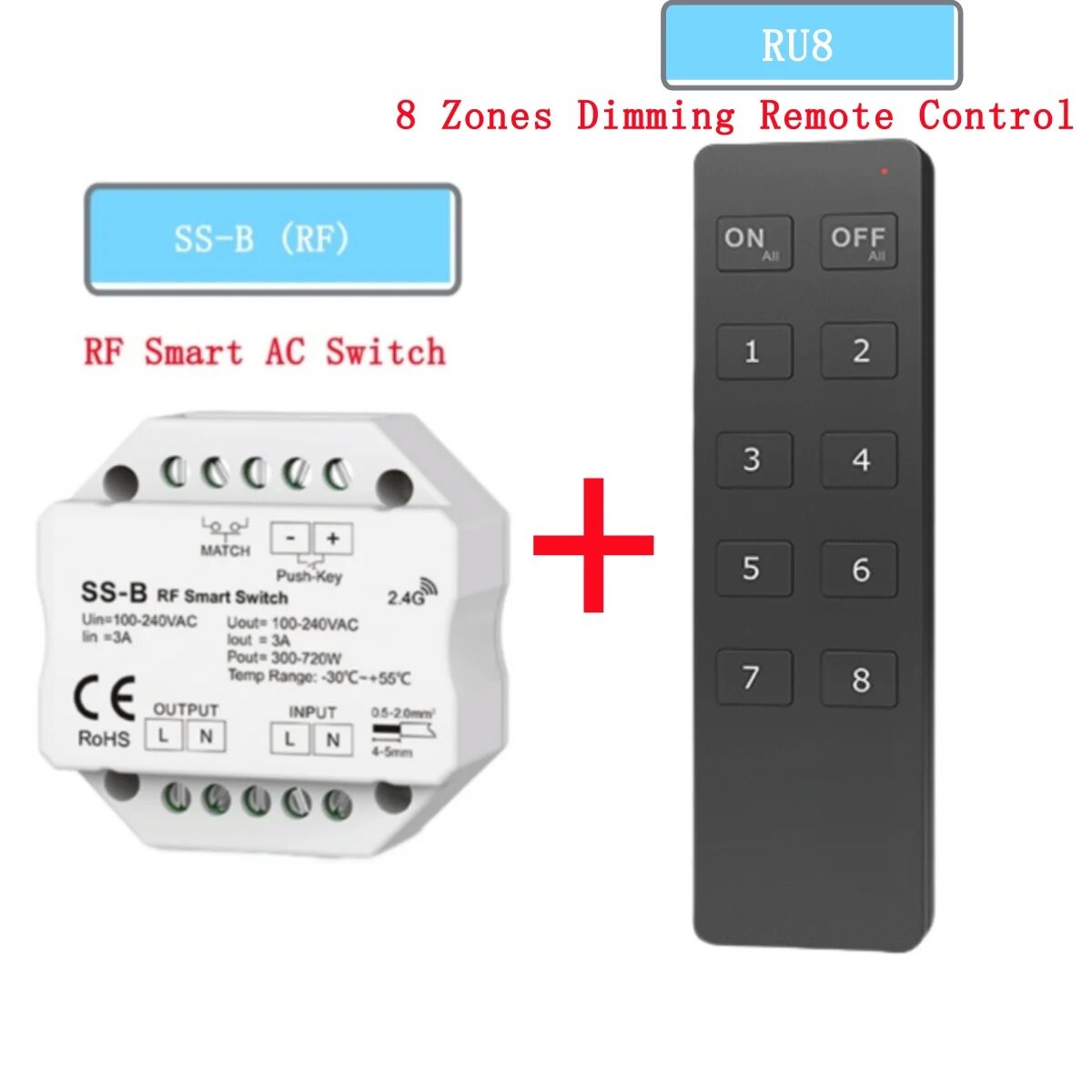 Диммер RF Smart AC Switch SS-B (RF) + RU8 8 Zones Dimming Remote Control, Серый