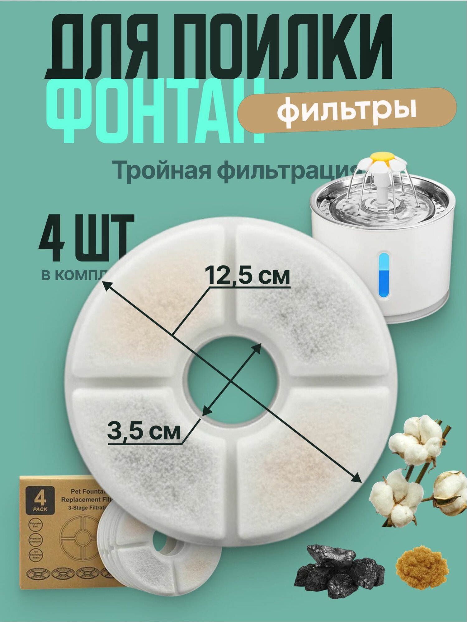 Набор фильтров для фонтана поилки для кошек и собак 4 шт.
