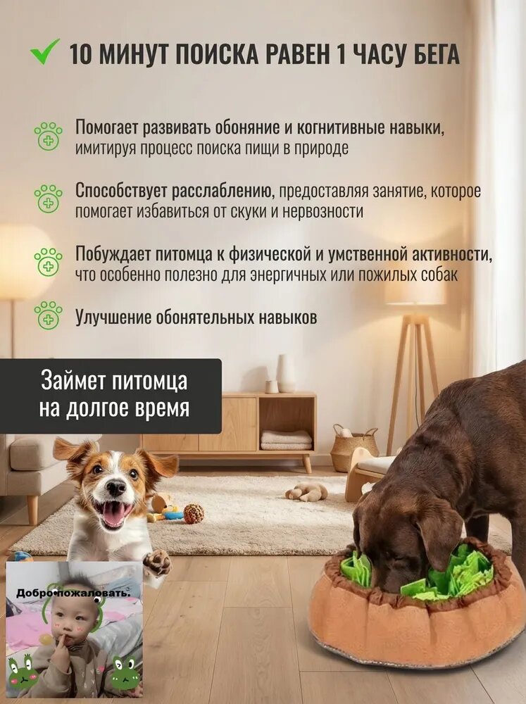 Интерактивная игрушка-пазл для собак и кошек, коричневая/зеленая, полиэстер, флис, 240x240x60 мм — фото 1