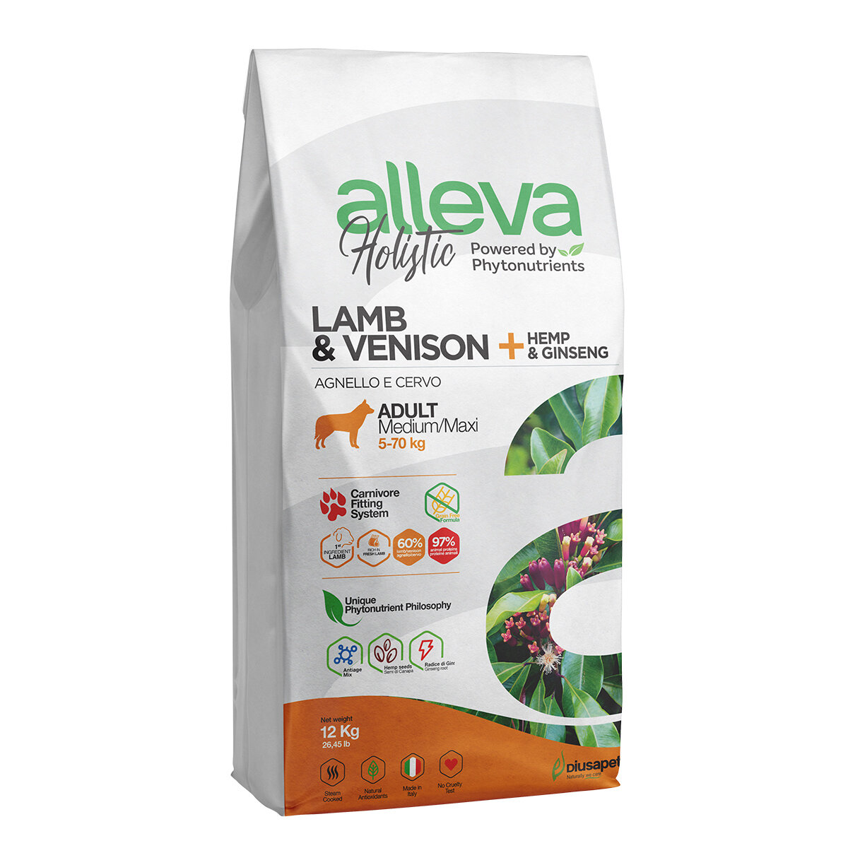 ALLEVA HOLISTIC ADULT DOG MEDIUM/MAXI LAMB & VENISON беззерновой для взрослых собак средних и крупных пород с ягненком, олениной, коноплей и женьшенем (12 кг)