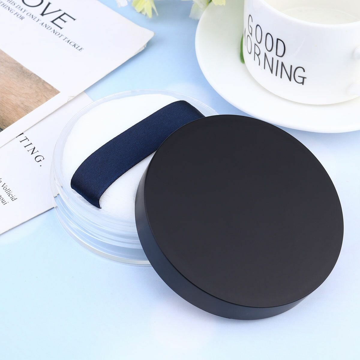 Пластиковая черная банка для макияжа с спонжем, 20 г, для хранения рассыпчатой пудры