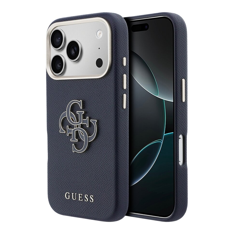 Guess чехол для iPhone 17 Pro Max, кожа Saffiano Full Wrapped, 4G Big Resin logo & Metal Camera, синий