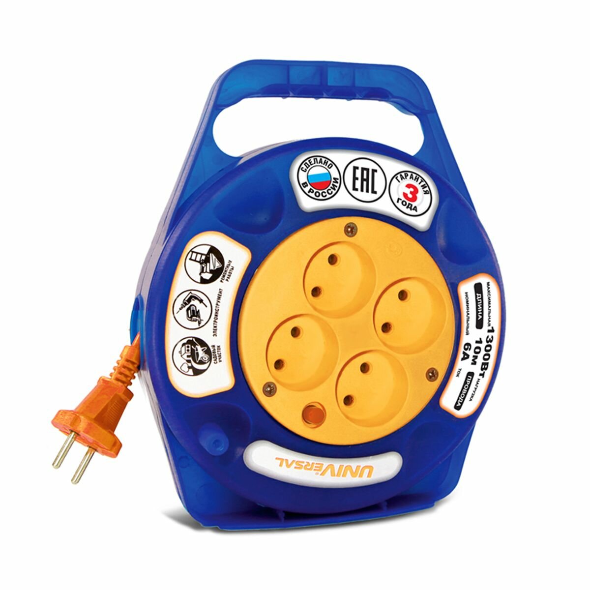 Удлинитель универсал Катушка с 4 розетками, без заземления, провод ПВС 2х0,75 мм2, длина 10 м У6-015