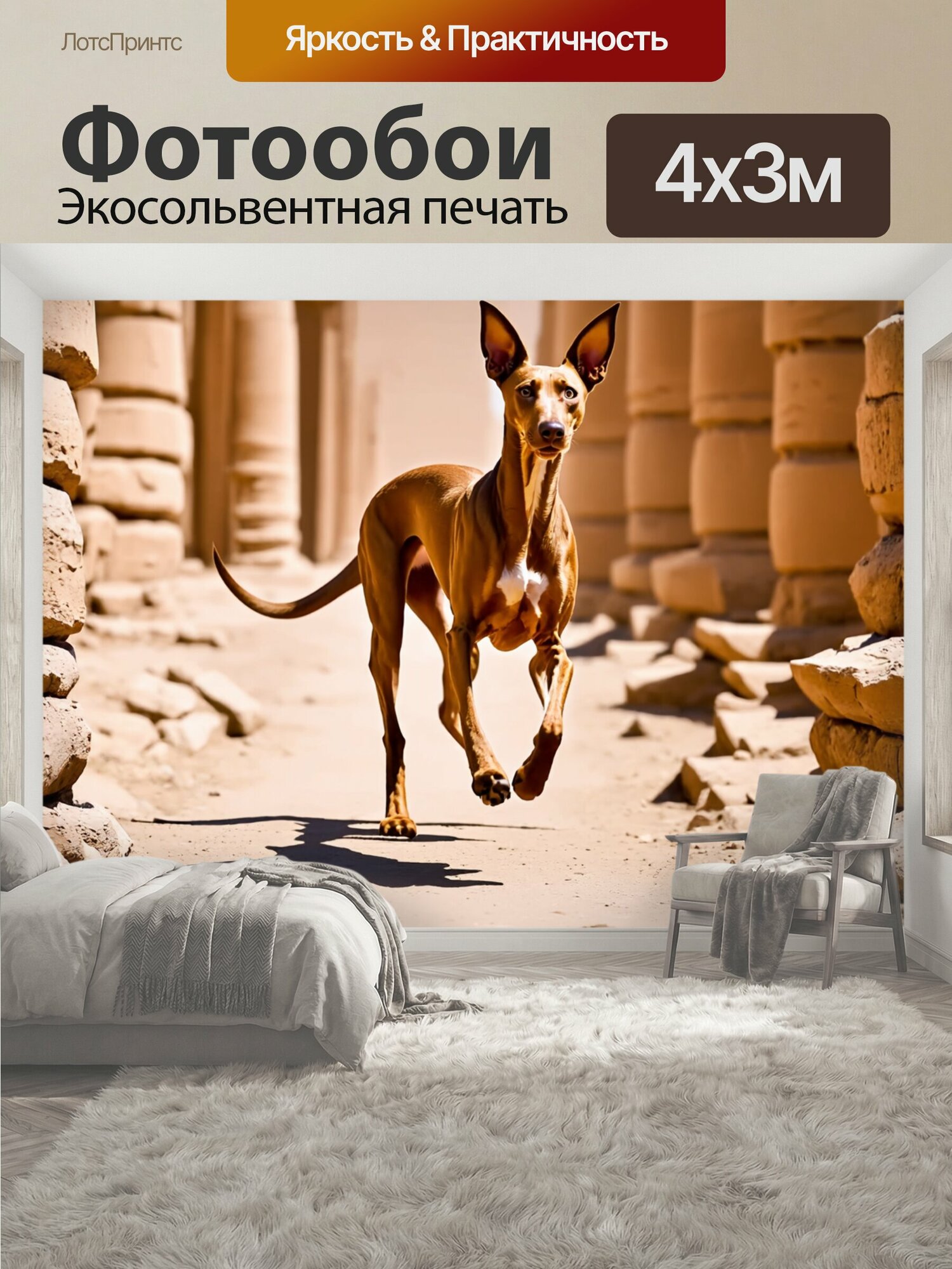 Фотообои "Собака фараонова, изящная и грациозная, бегущая по древним руинам" 400x300 см. экосольвентная печать