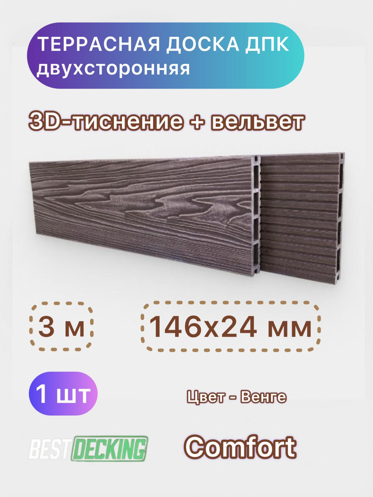 Террасная доска Best Decking Comfort 146*24*3000 мм Венге 3D