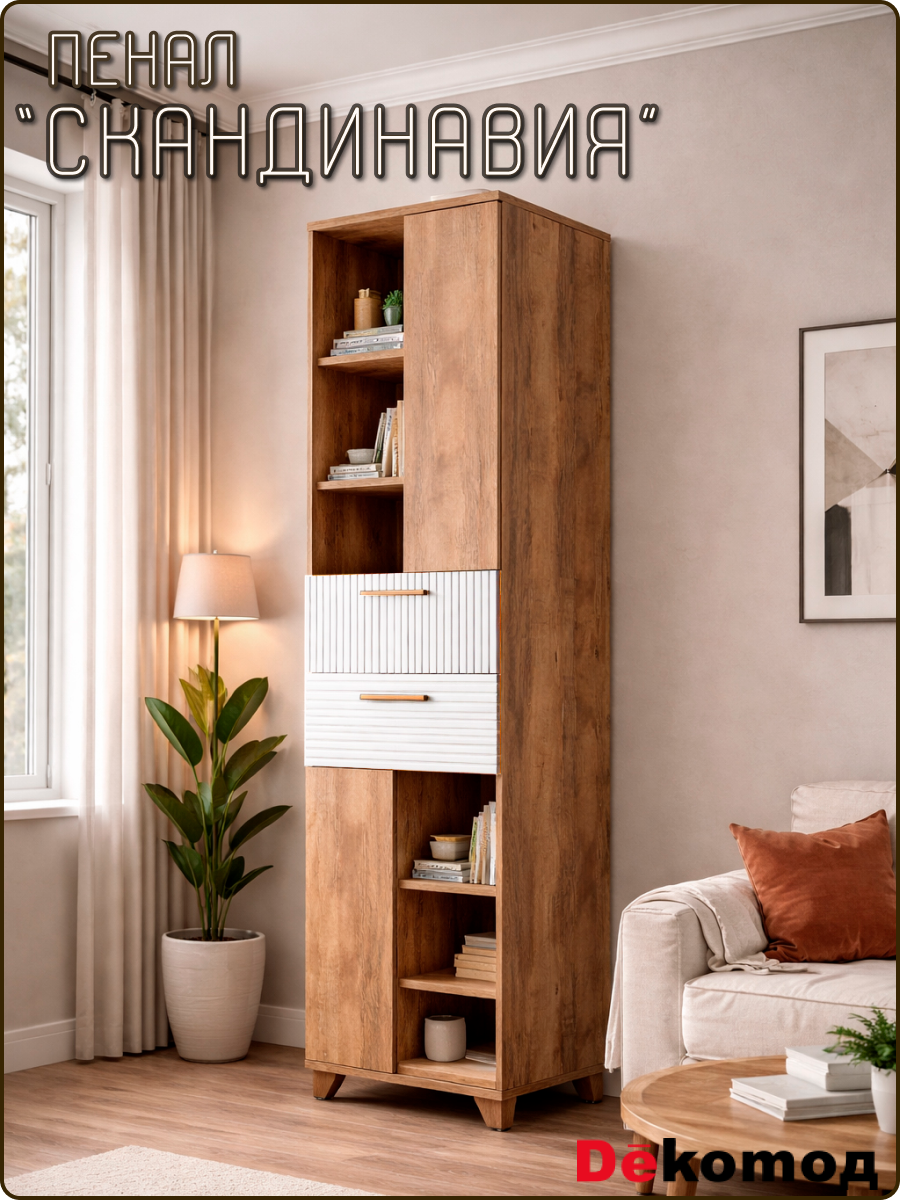 Пенал «Скандинавия» для аксессуаров, документов, шкаф узкий с полками и ящиками в гостиную, спальню 550х1860х400мм