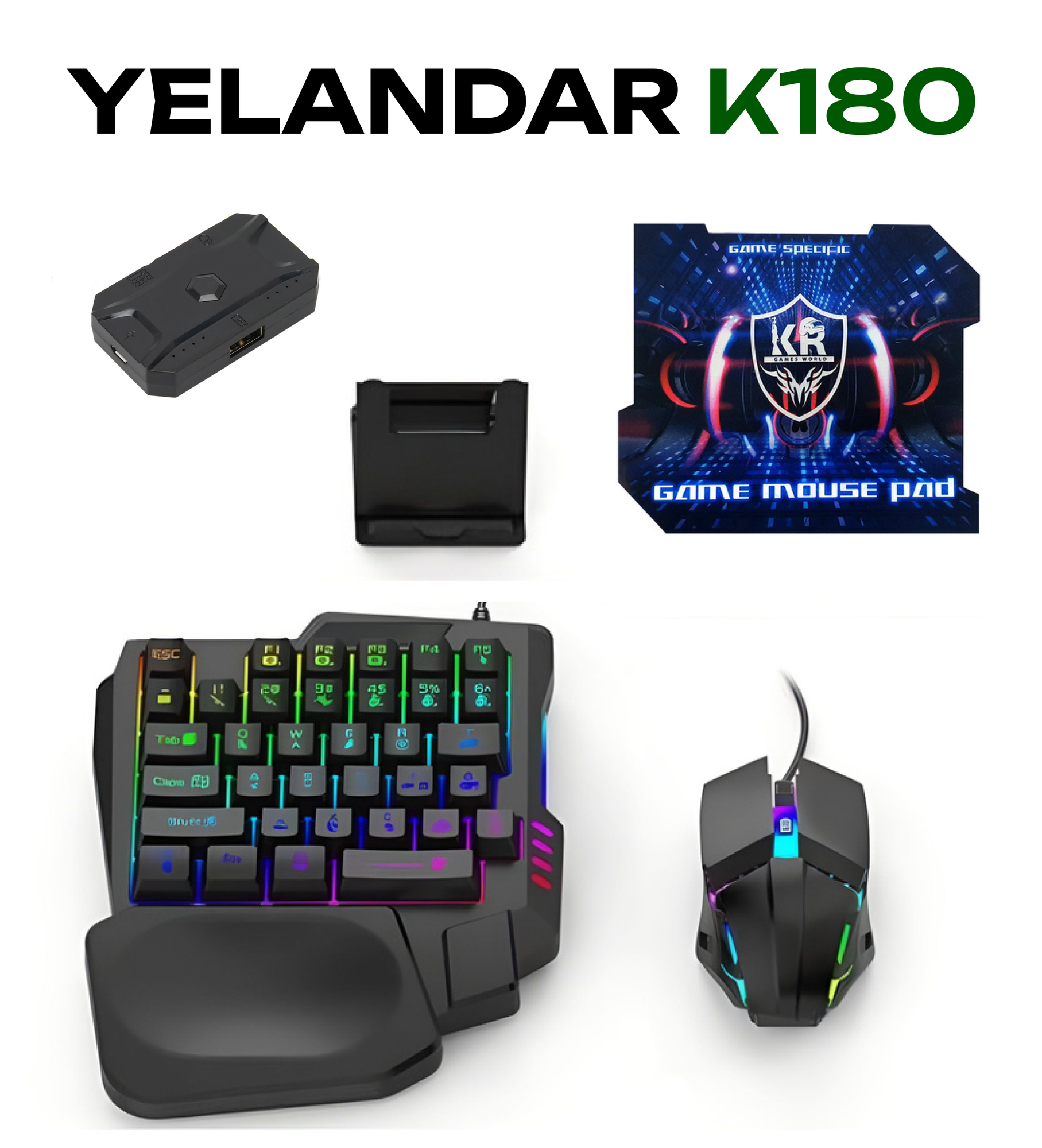 Игровой набор для телефона 5 в 1 YELANDAR K180 / Клавиатура + Мышка + Коврик + Конвертер для смартфона + Подставка