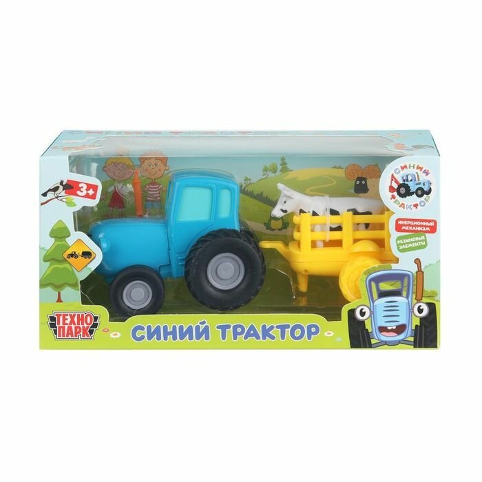Машинка Shantou модель инерционная Синий трактор 11 см, металл, пластик, с телегой и коровой, синий, от 3 лет, BLUTRA-11-CARTCOW-WODс